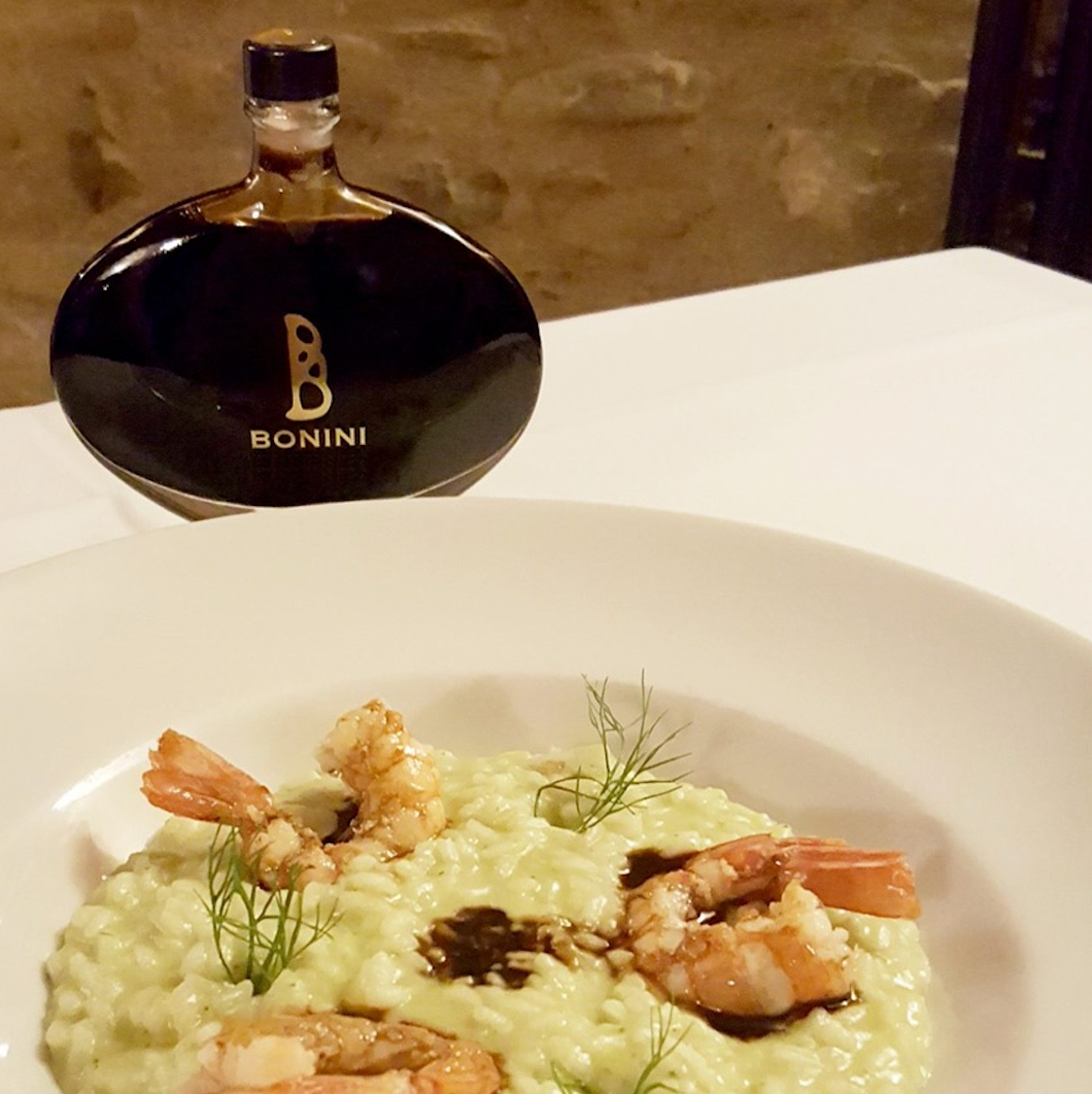 Herbs and prawns risotto with Bonini condiment Maturo – Olio Piro.